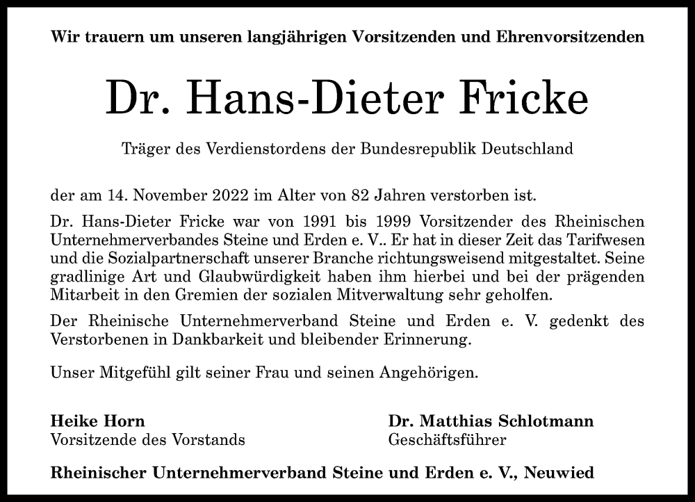 Traueranzeigen von Hans-Dieter Fricke | rz-trauer.de