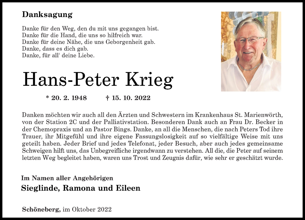 Traueranzeigen von Hans-Peter Krieg | rz-trauer.de