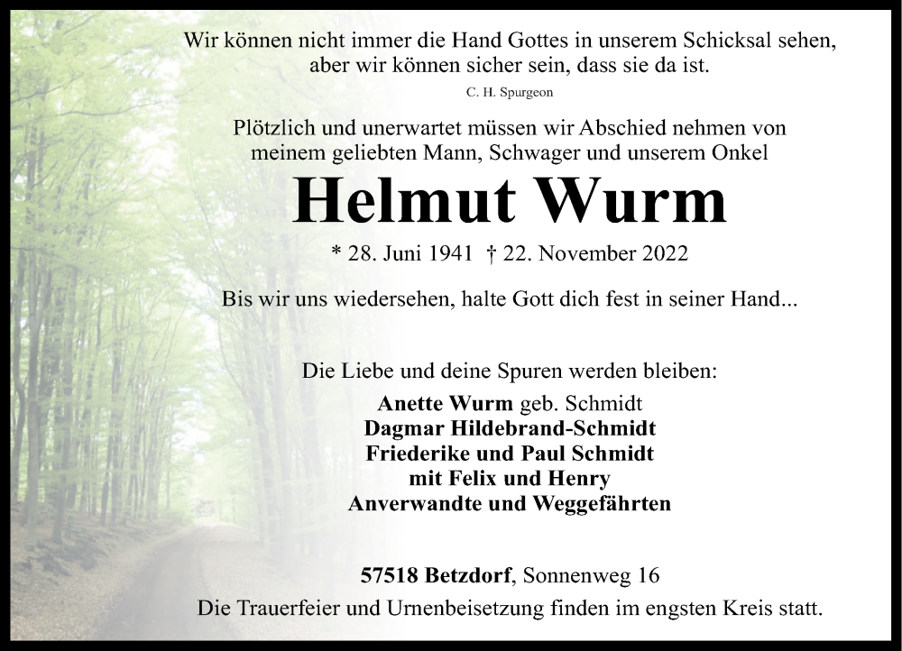 Traueranzeigen von Helmut Wurm | rz-trauer.de