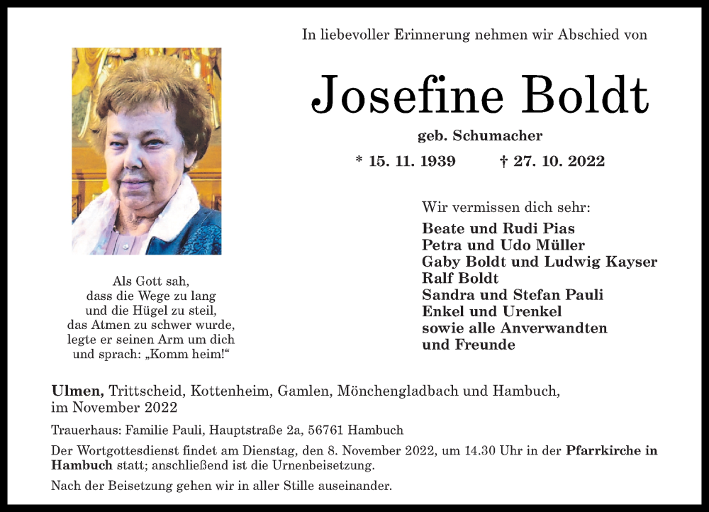 Traueranzeigen von Josefine Boldt | rz-trauer.de