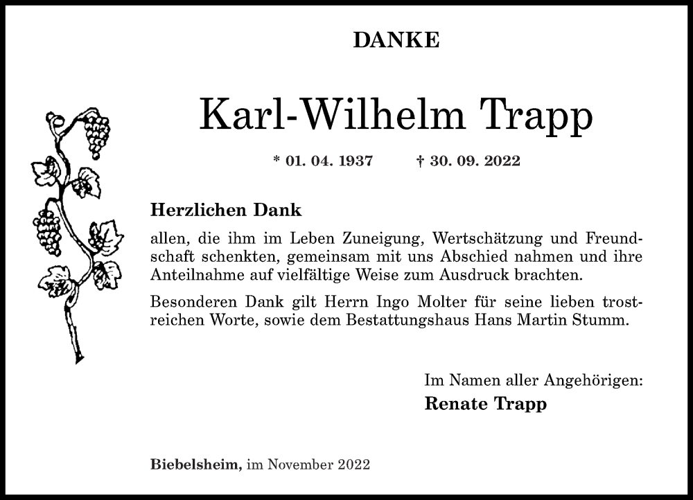 Traueranzeigen von Karl-Wilhelm Trapp | rz-trauer.de