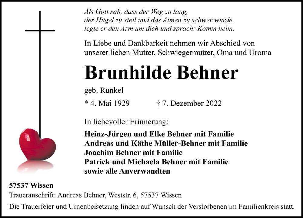 Traueranzeigen von Brunhilde Behner | rz-trauer.de