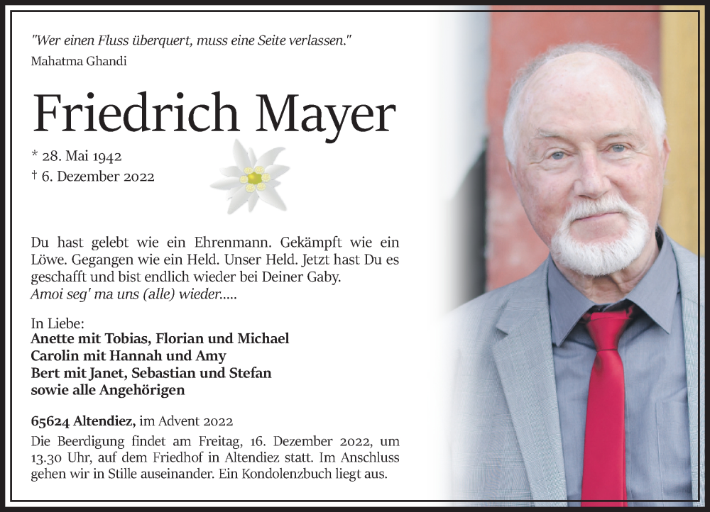 Traueranzeigen von Friedrich Mayer | rz-trauer.de