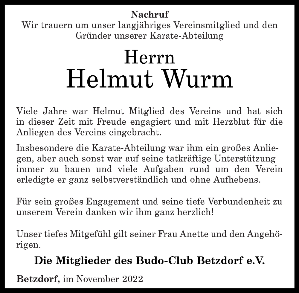 Traueranzeigen von Helmut Wurm | rz-trauer.de