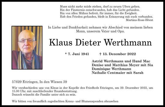 Traueranzeigen von Klaus Dieter Werthmann | rz-trauer.de