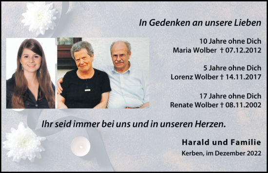 Traueranzeigen von Maria, Lorenz und Renate Wolber | rz-trauer.de
