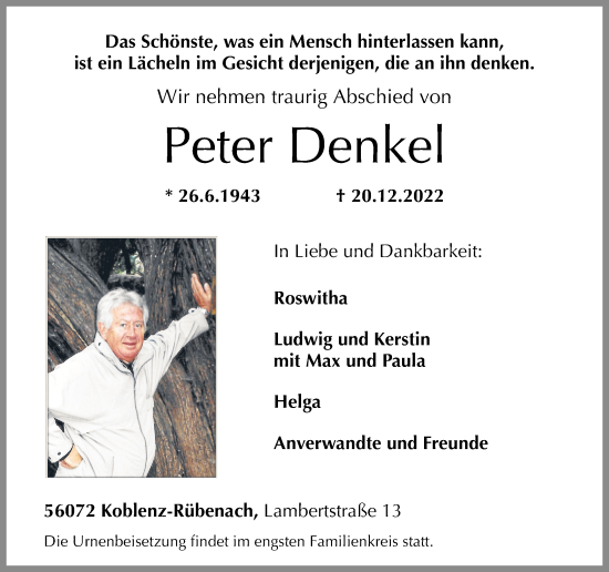 Traueranzeigen von Peter Denkel | rz-trauer.de