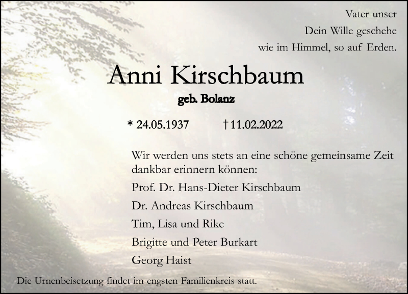 Traueranzeigen von Anni Kirschbaum | rz-trauer.de