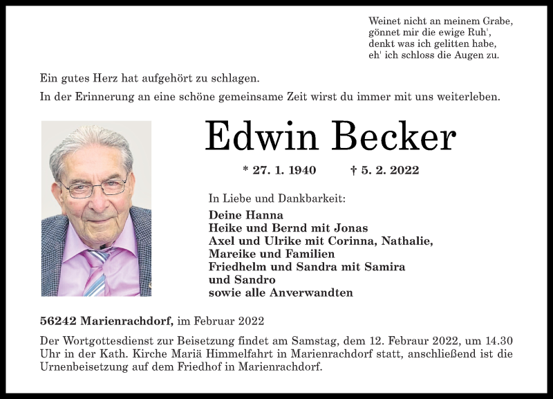 Traueranzeigen von Edwin Becker | rz-trauer.de