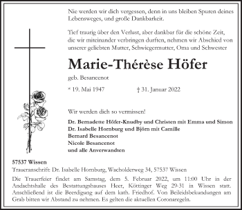 Traueranzeigen von Marie-Thérèse Höfer | rz-trauer.de