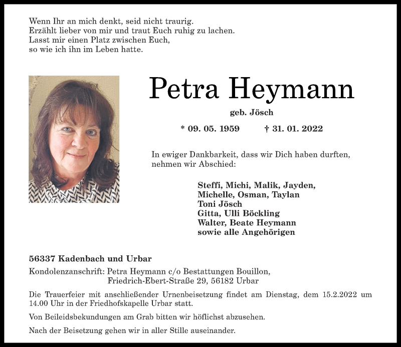 Traueranzeigen von Petra Heymann | rz-trauer.de