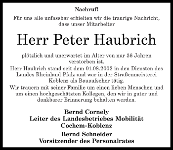 Traueranzeigen von Peter Haubrich | rz-trauer.de