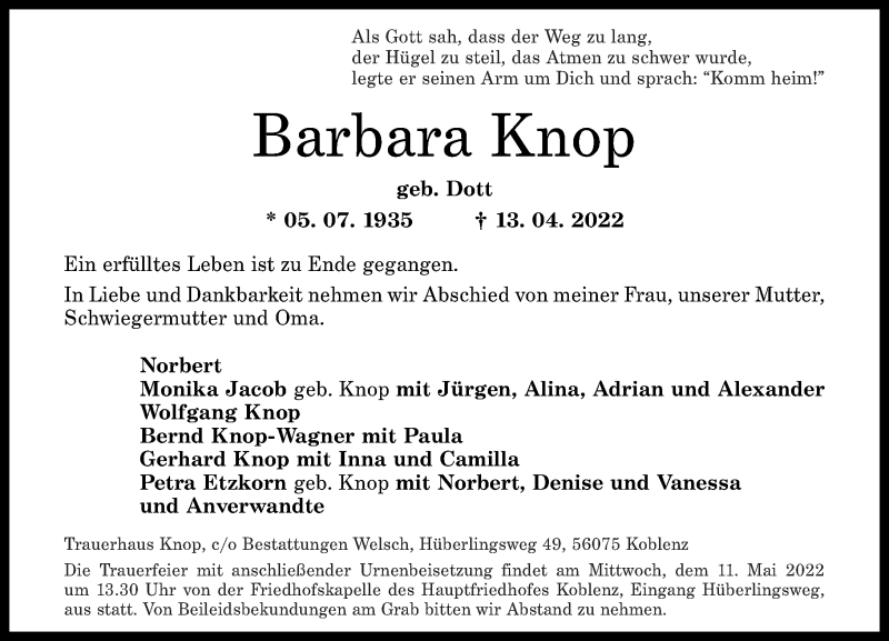 Traueranzeigen von Barbara Knop | rz-trauer.de