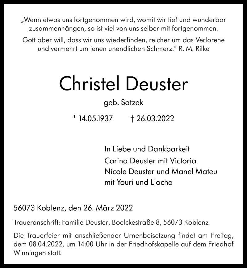 Traueranzeigen von Christel Deuster | rz-trauer.de