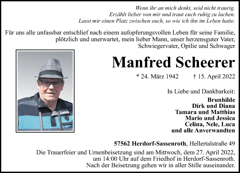 Traueranzeigen von Manfred Scheerer | rz-trauer.de