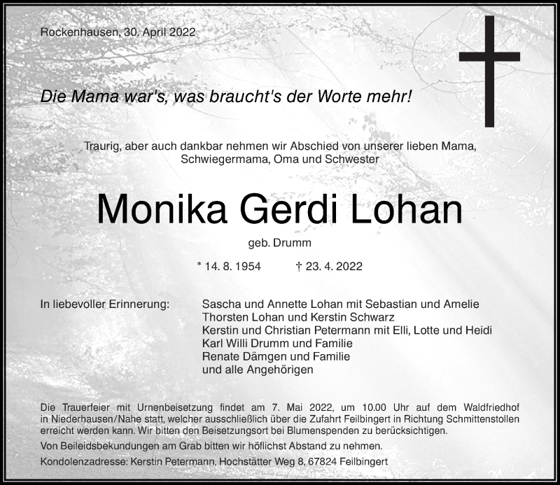 Traueranzeigen von Monika Gerdi Lohan | rz-trauer.de