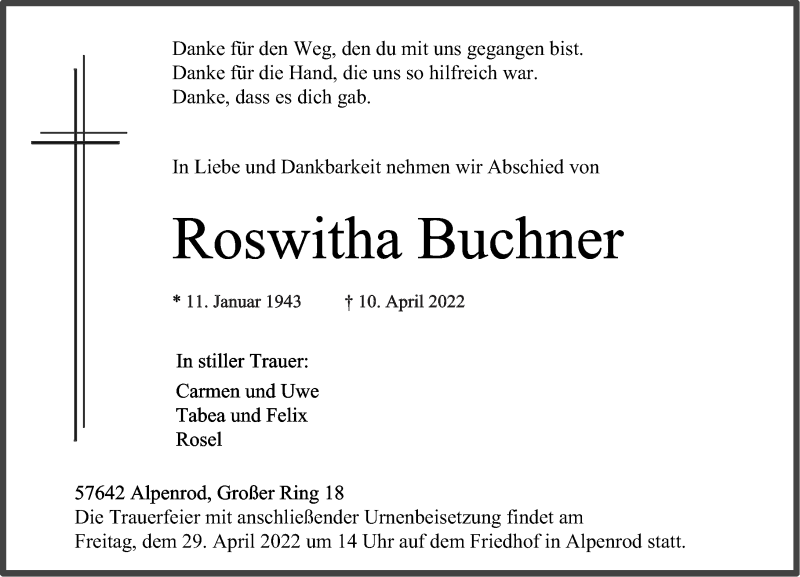 Traueranzeigen von Roswitha Buchner | rz-trauer.de