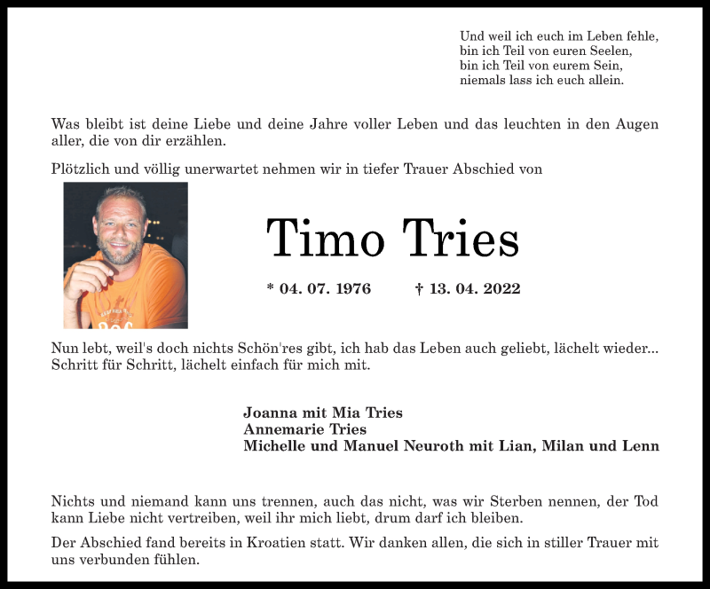 Traueranzeigen von Timo Tries | rz-trauer.de