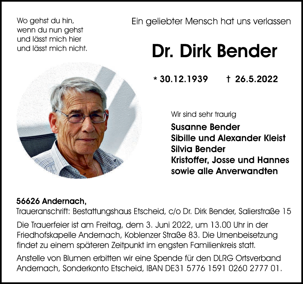 Traueranzeigen von Dirk Bender | rz-trauer.de