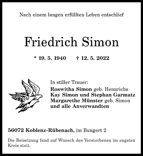 Traueranzeigen von Friedrich Simon | rz-trauer.de