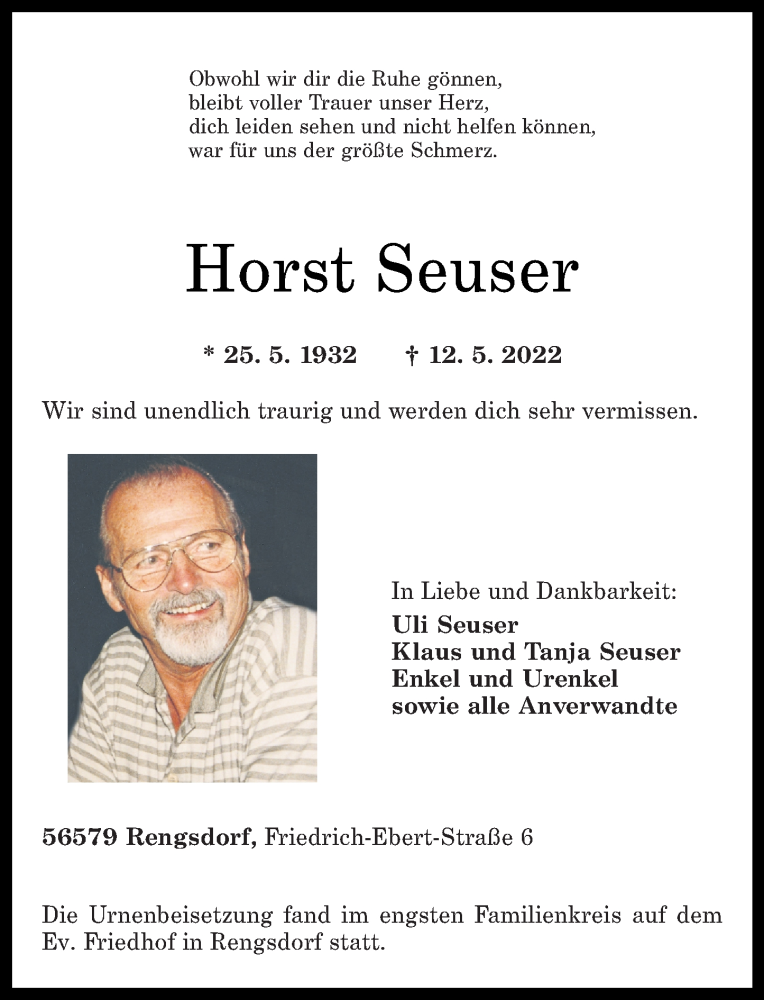 Traueranzeigen von Horst Seuser | rz-trauer.de