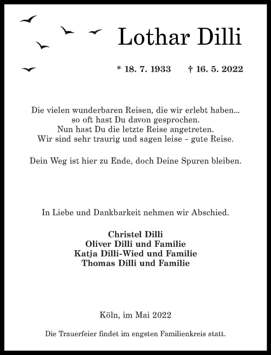 Traueranzeigen von Lothar Dilli | rz-trauer.de