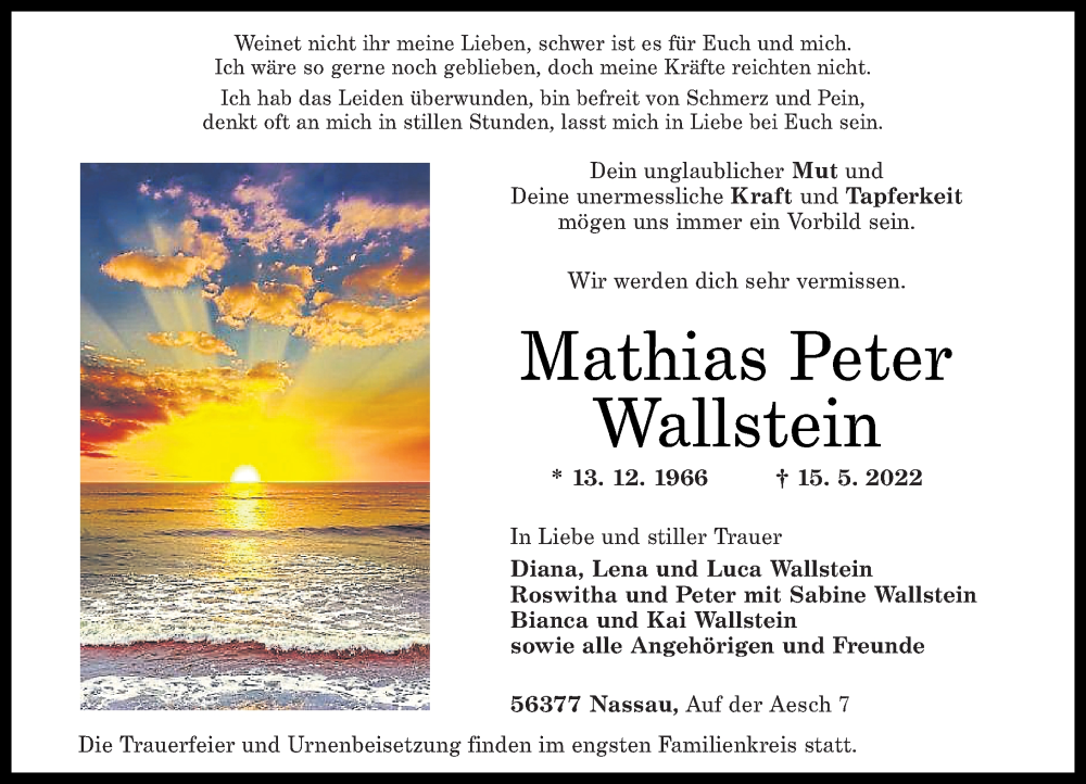 Traueranzeigen von Mathias Peter Wallstein | rz-trauer.de