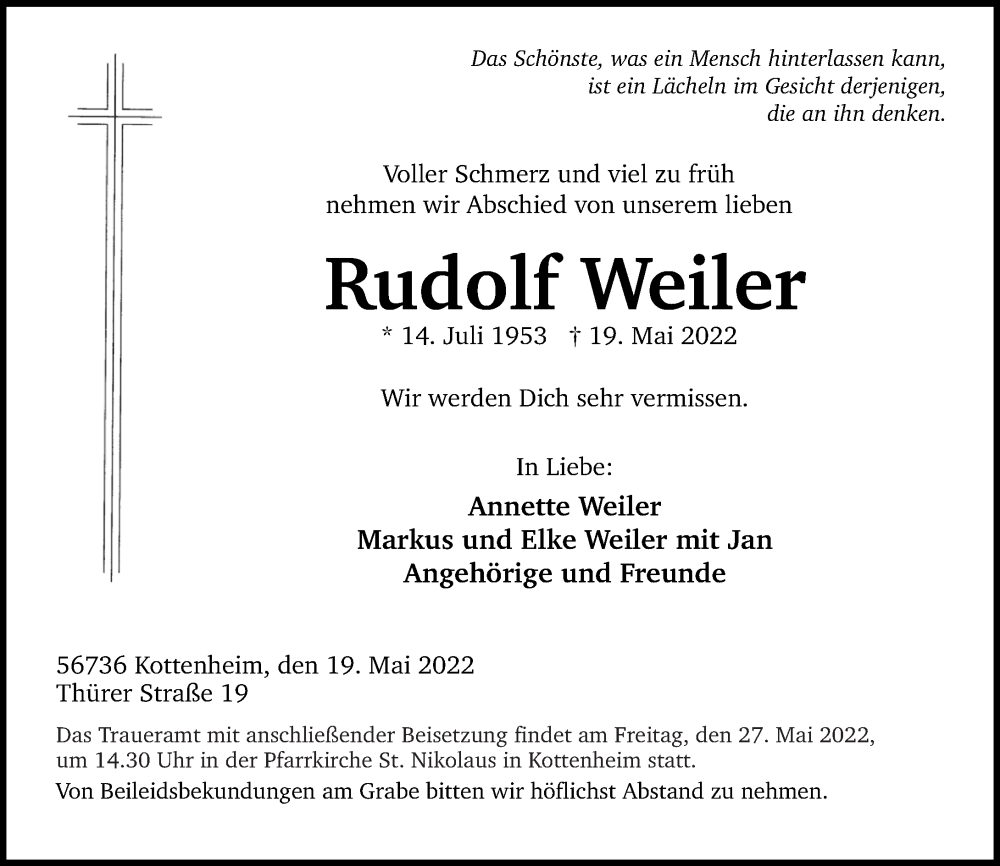 Traueranzeigen von Rudolf Weiler | rz-trauer.de