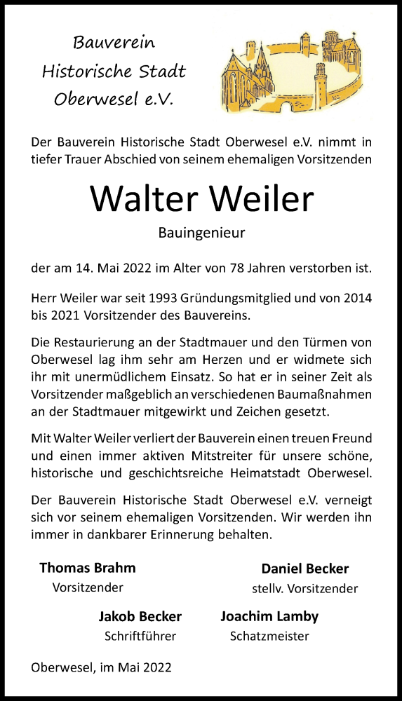 Traueranzeigen von Walter Weiler | rz-trauer.de