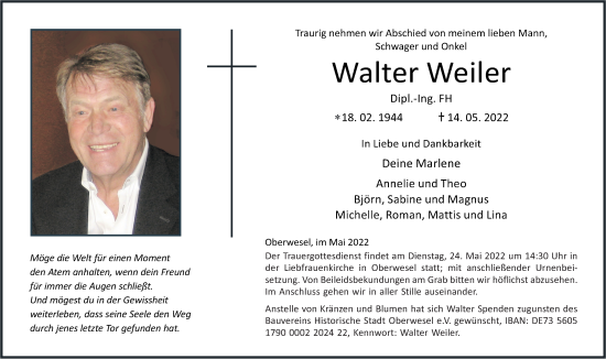 Traueranzeigen von Walter Weiler | rz-trauer.de