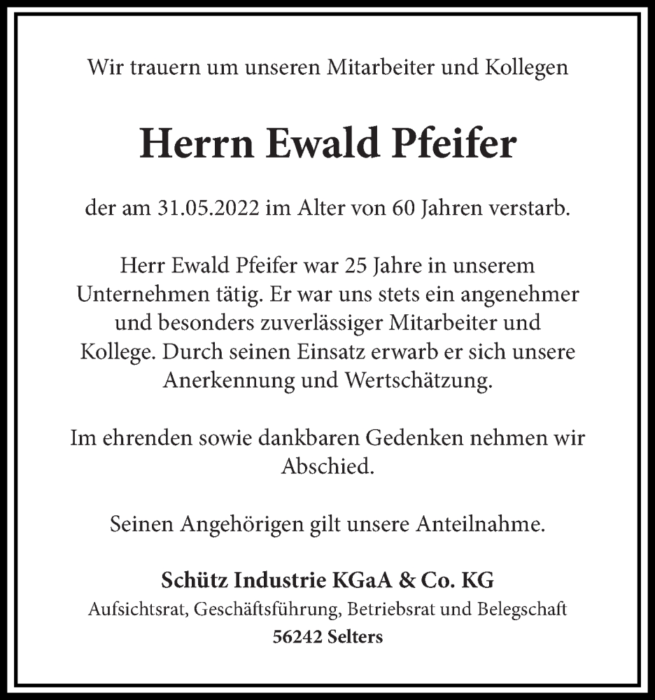 Traueranzeigen von Ewald Pfeifer | rz-trauer.de