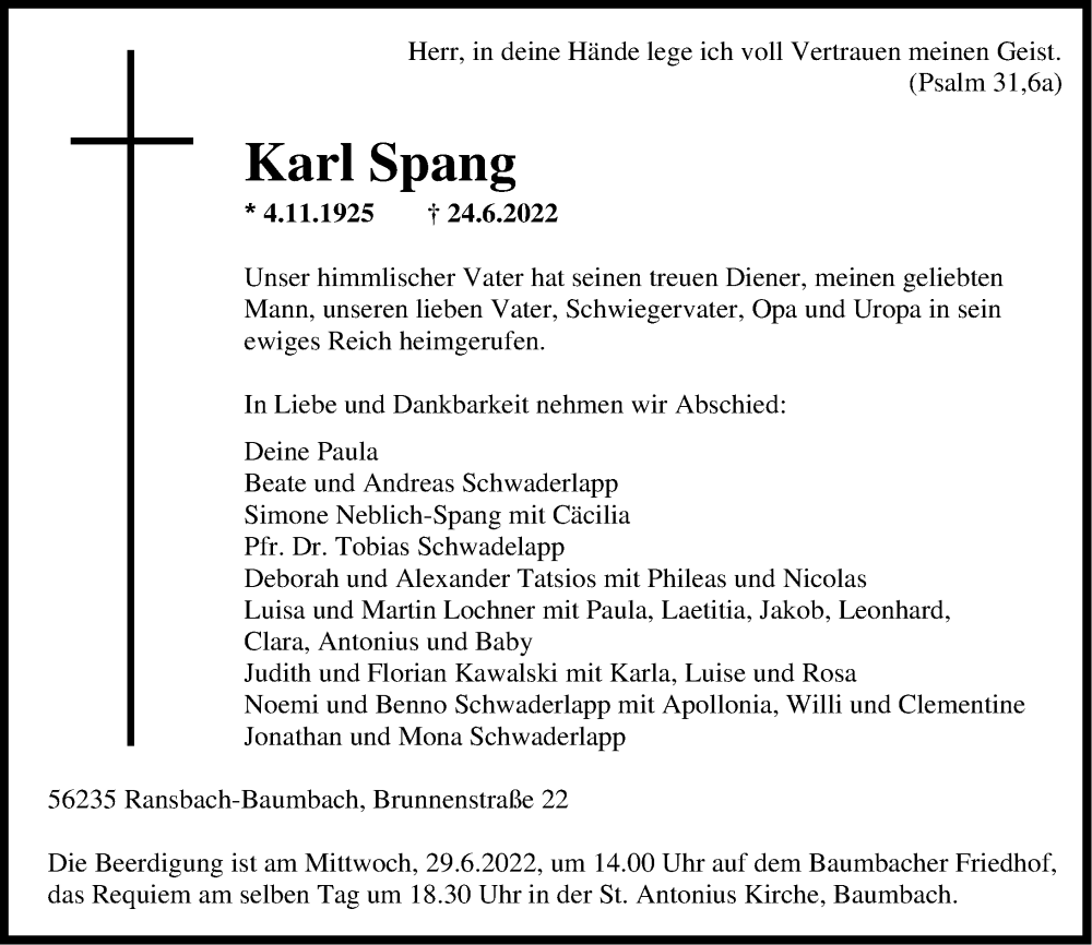 Traueranzeigen von Karl Spang | rz-trauer.de