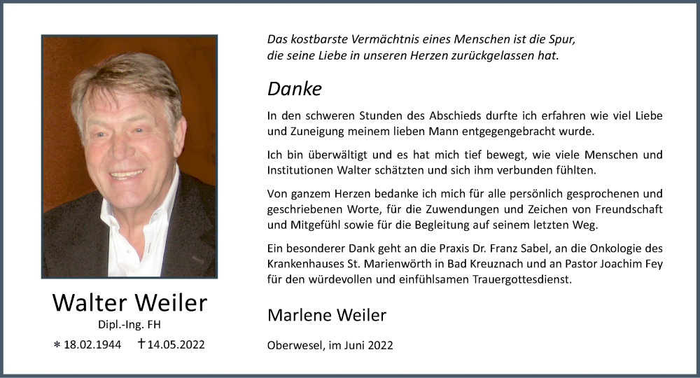 Traueranzeigen von Walter Weiler | rz-trauer.de