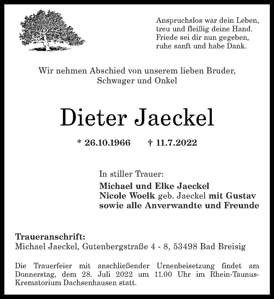 Traueranzeigen von Dieter Jaeckel | rz-trauer.de