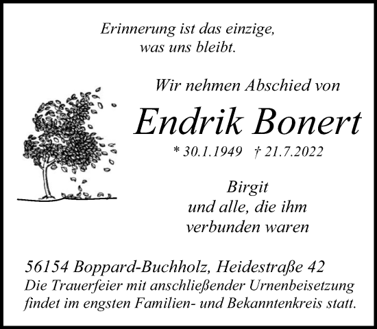 Traueranzeigen von Endrik Bonert | rz-trauer.de