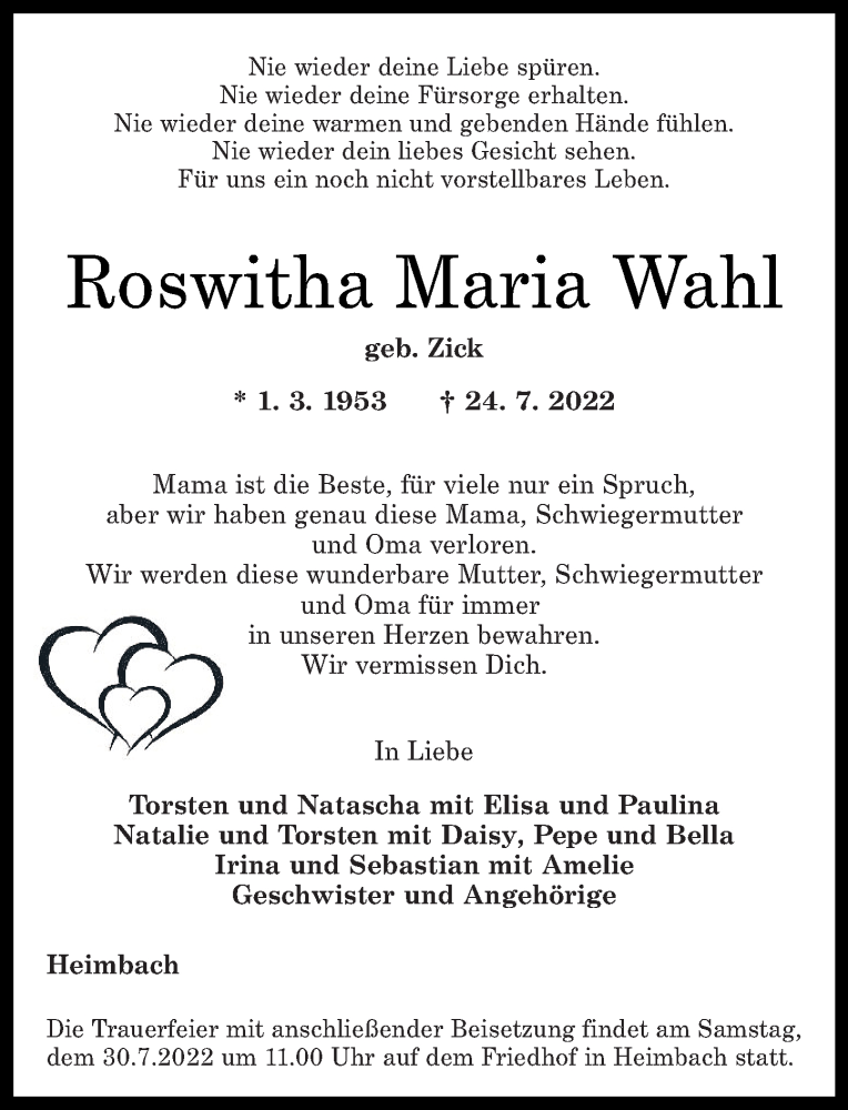 Traueranzeigen von Roswitha Maria Wahl | rz-trauer.de