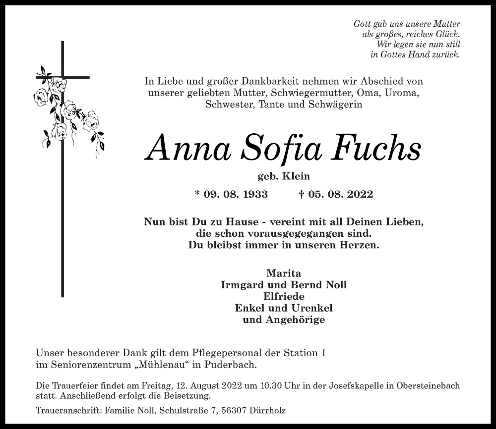 Traueranzeigen von Anna Sofia Fuchs | rz-trauer.de