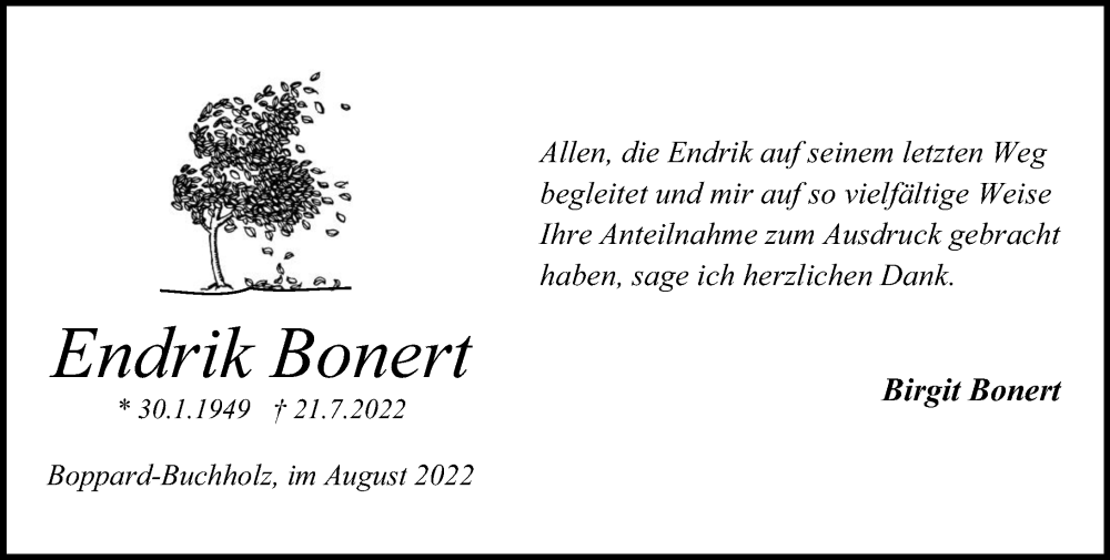 Traueranzeigen von Endrik Bonert | rz-trauer.de