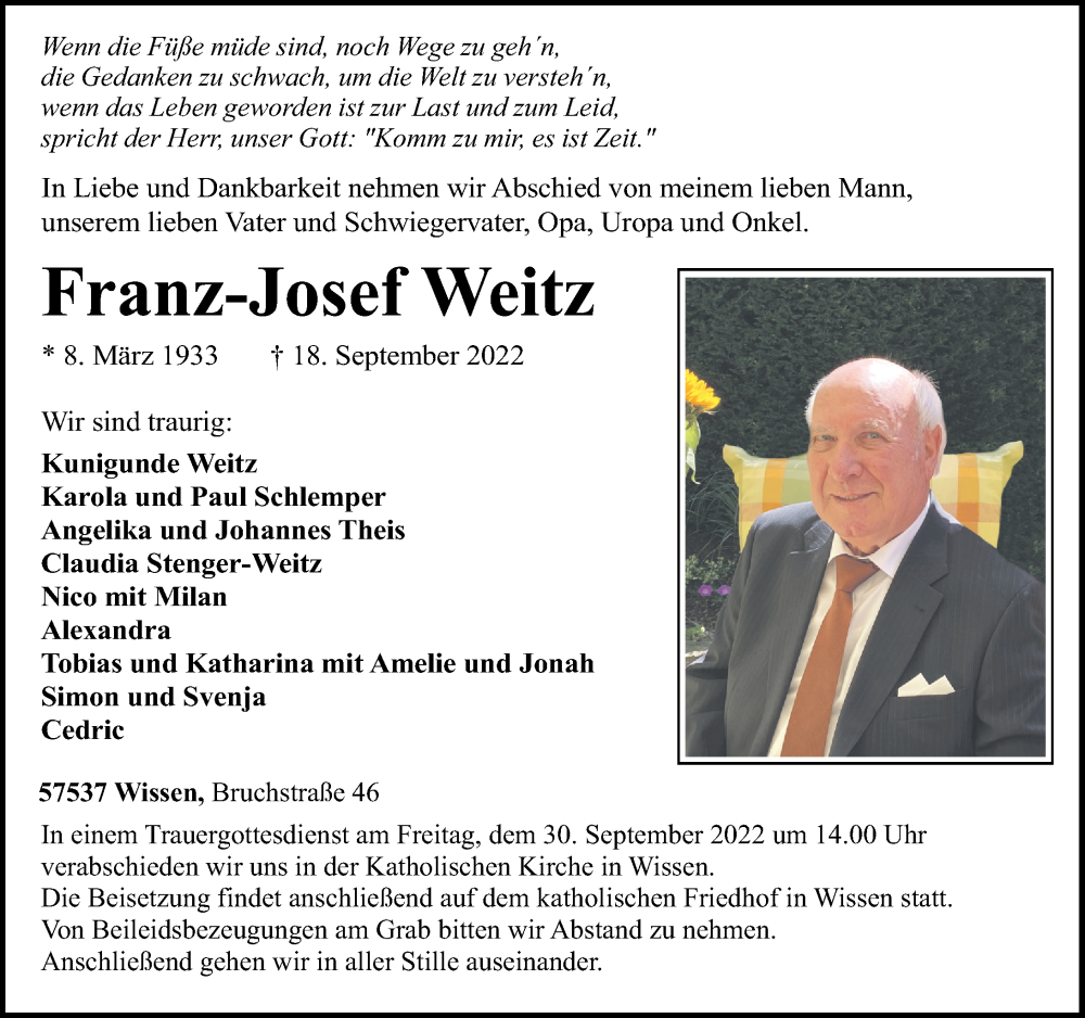 Traueranzeigen von Franz-Josef Weitz | rz-trauer.de