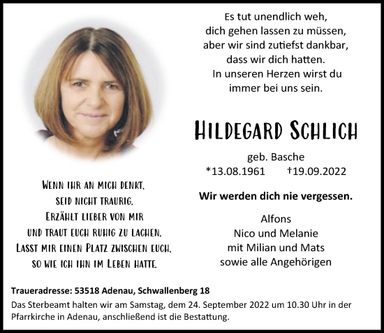Traueranzeigen von Hildegard Schlich | rz-trauer.de