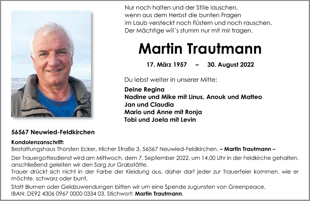 Traueranzeigen von Martin Trautmann | rz-trauer.de
