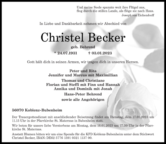 Traueranzeigen von Christel Becker | rz-trauer.de