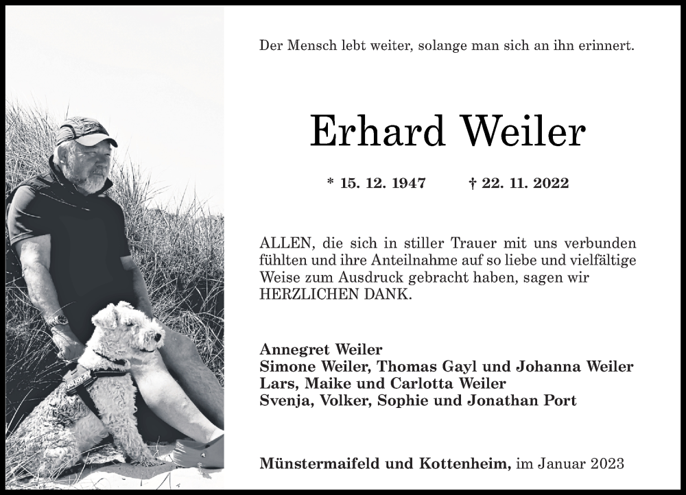 Traueranzeigen von Erhard Weiler | rz-trauer.de
