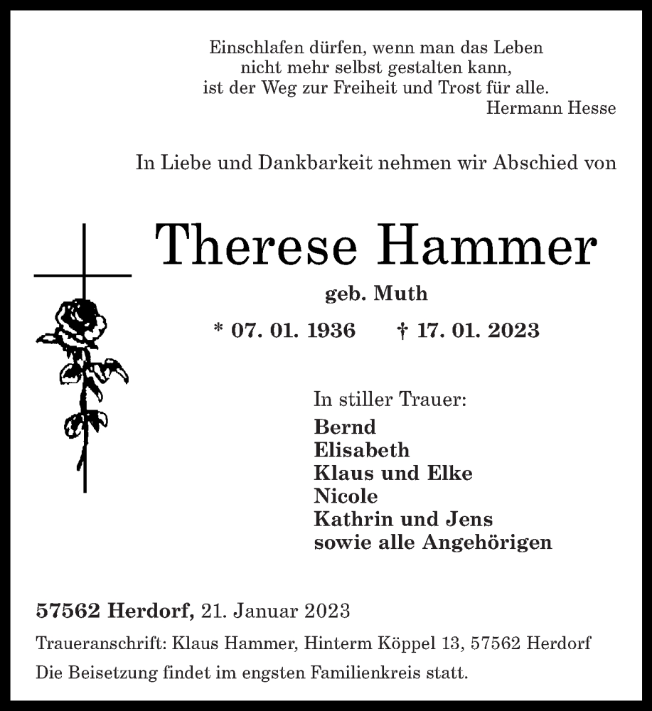 Traueranzeigen von Therese Hammer | rz-trauer.de