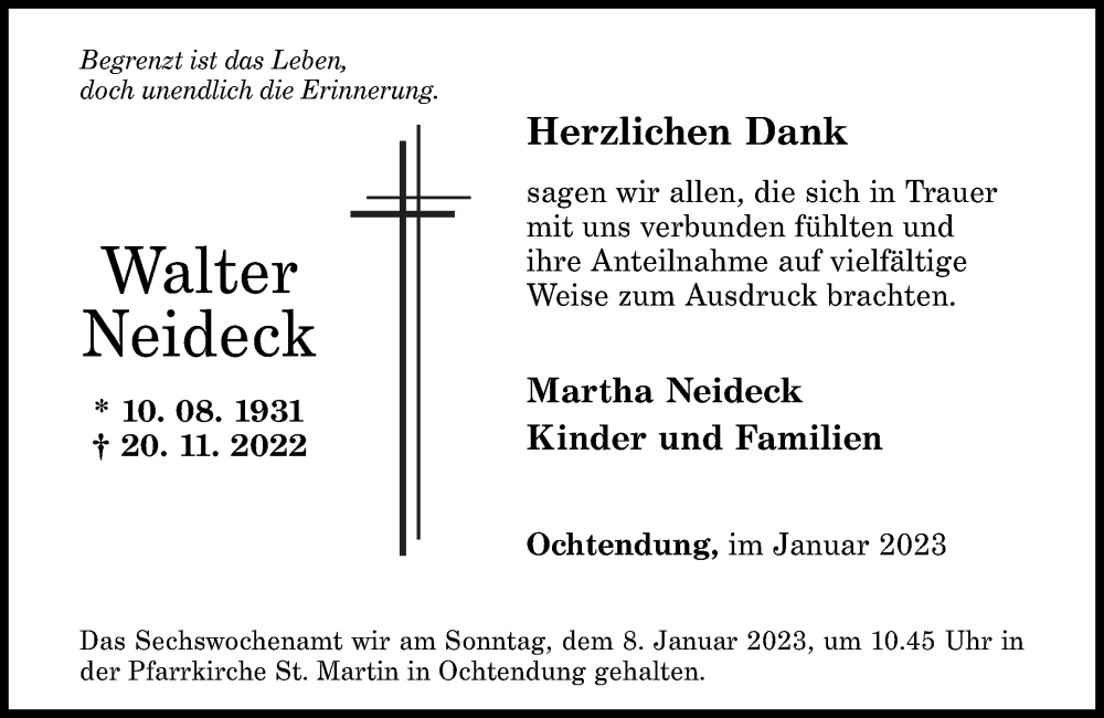 Traueranzeigen von Walter Neideck | rz-trauer.de