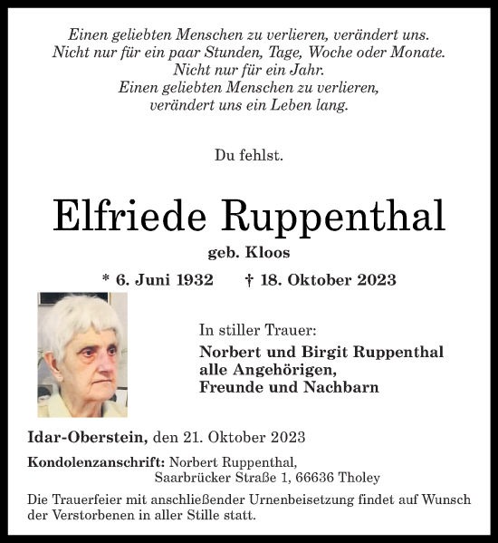 Traueranzeigen von Elfriede Ruppenthal | rz-trauer.de