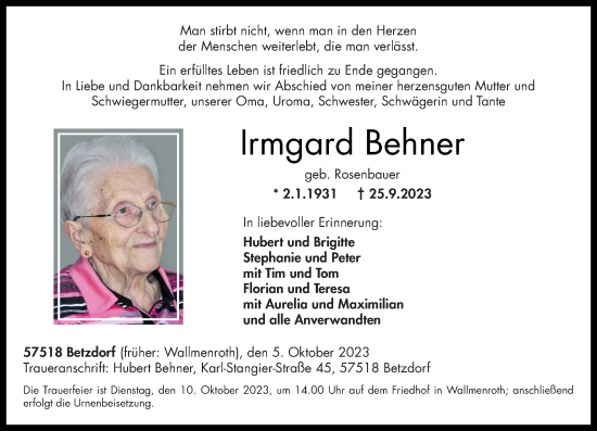 Traueranzeigen von Irmgard Behner | rz-trauer.de
