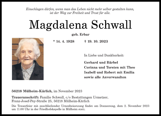Traueranzeigen von Magdalena Schwall | rz-trauer.de