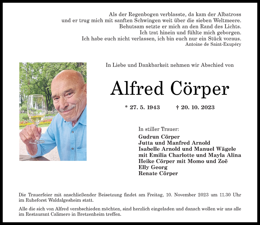 Traueranzeigen von Alfred Cörper | rz-trauer.de