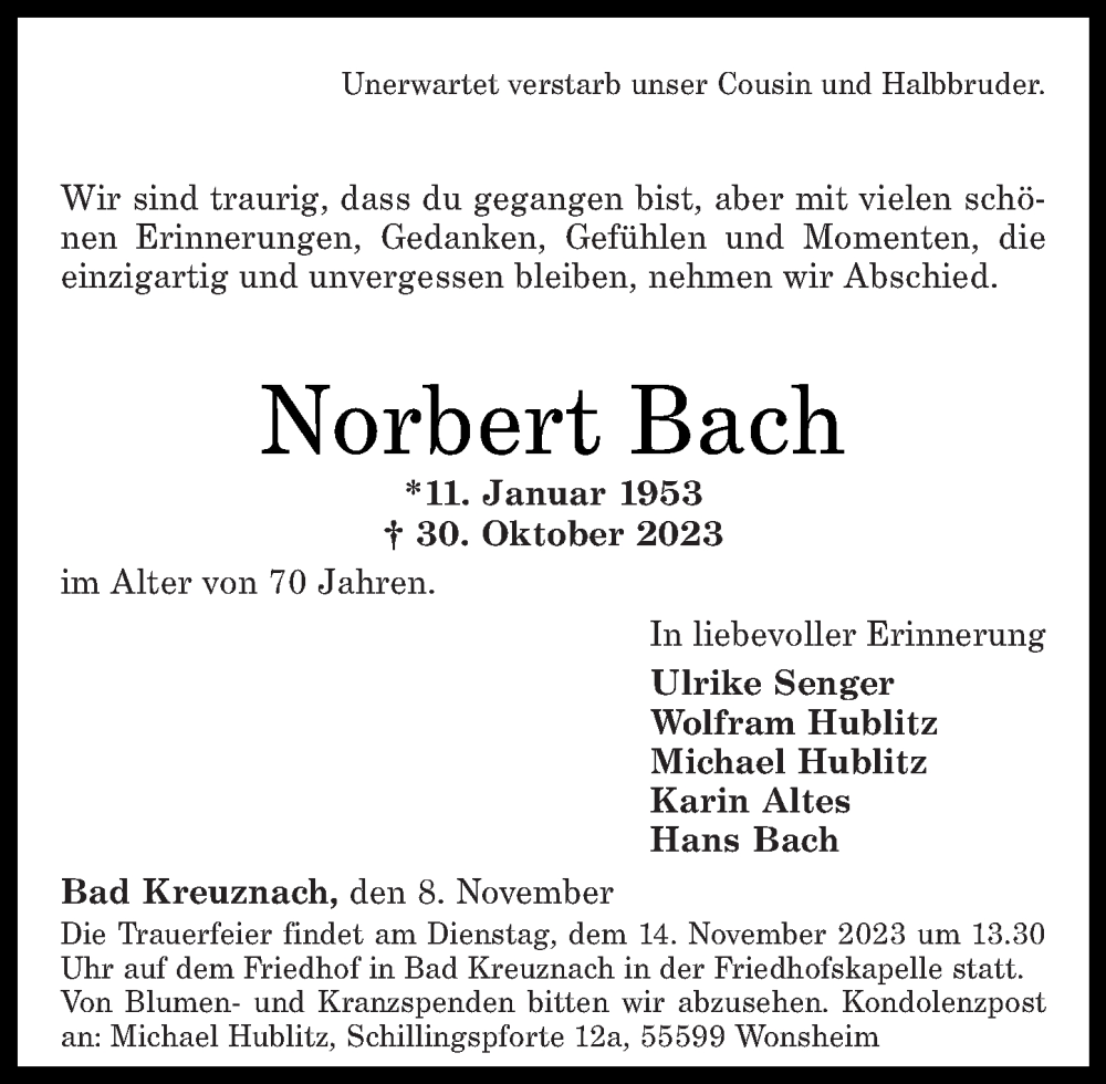 Traueranzeigen von Norbert Bach | rz-trauer.de